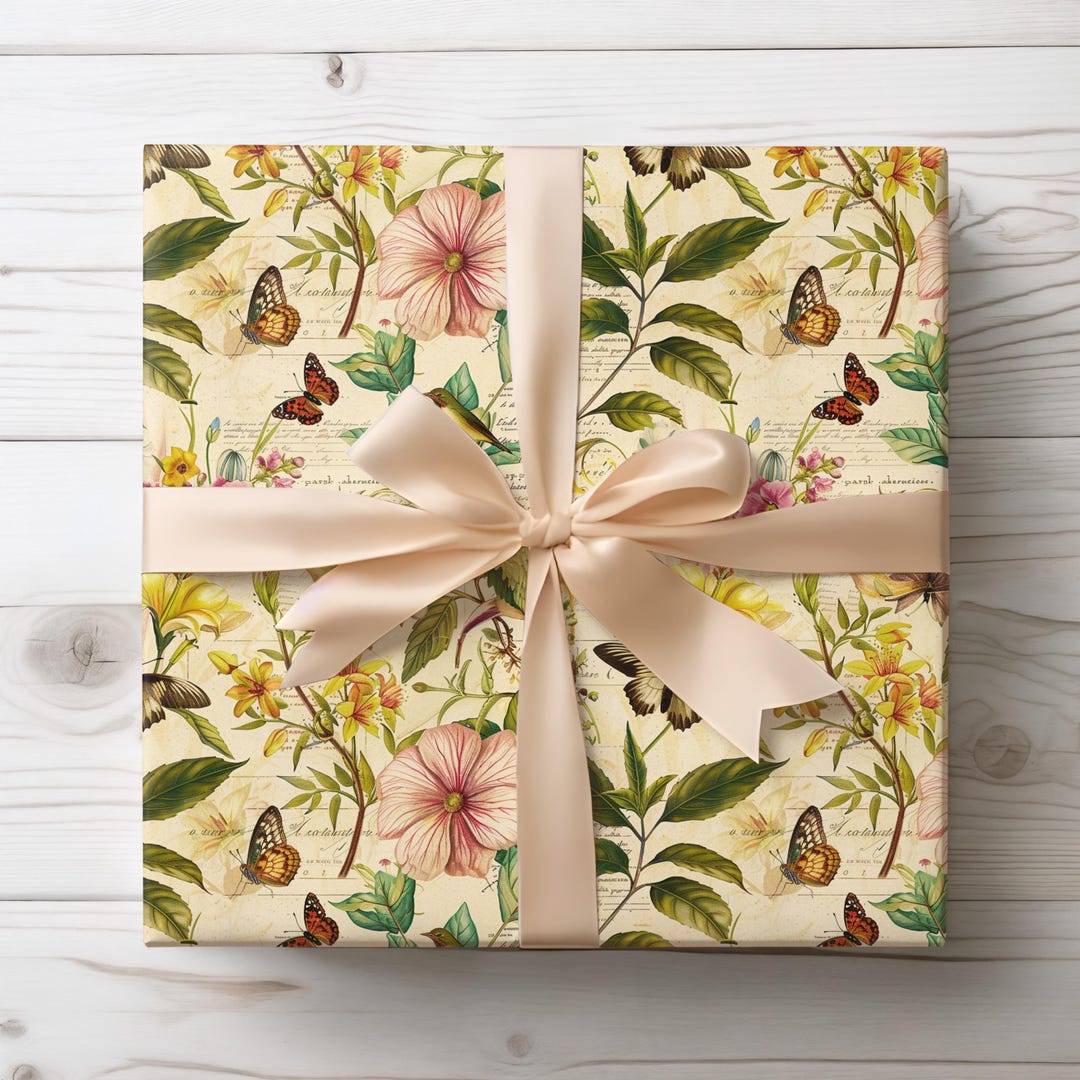 Floral Gift Wrapping Paper With Butterflies, Birthday Gift Wrapper for ...