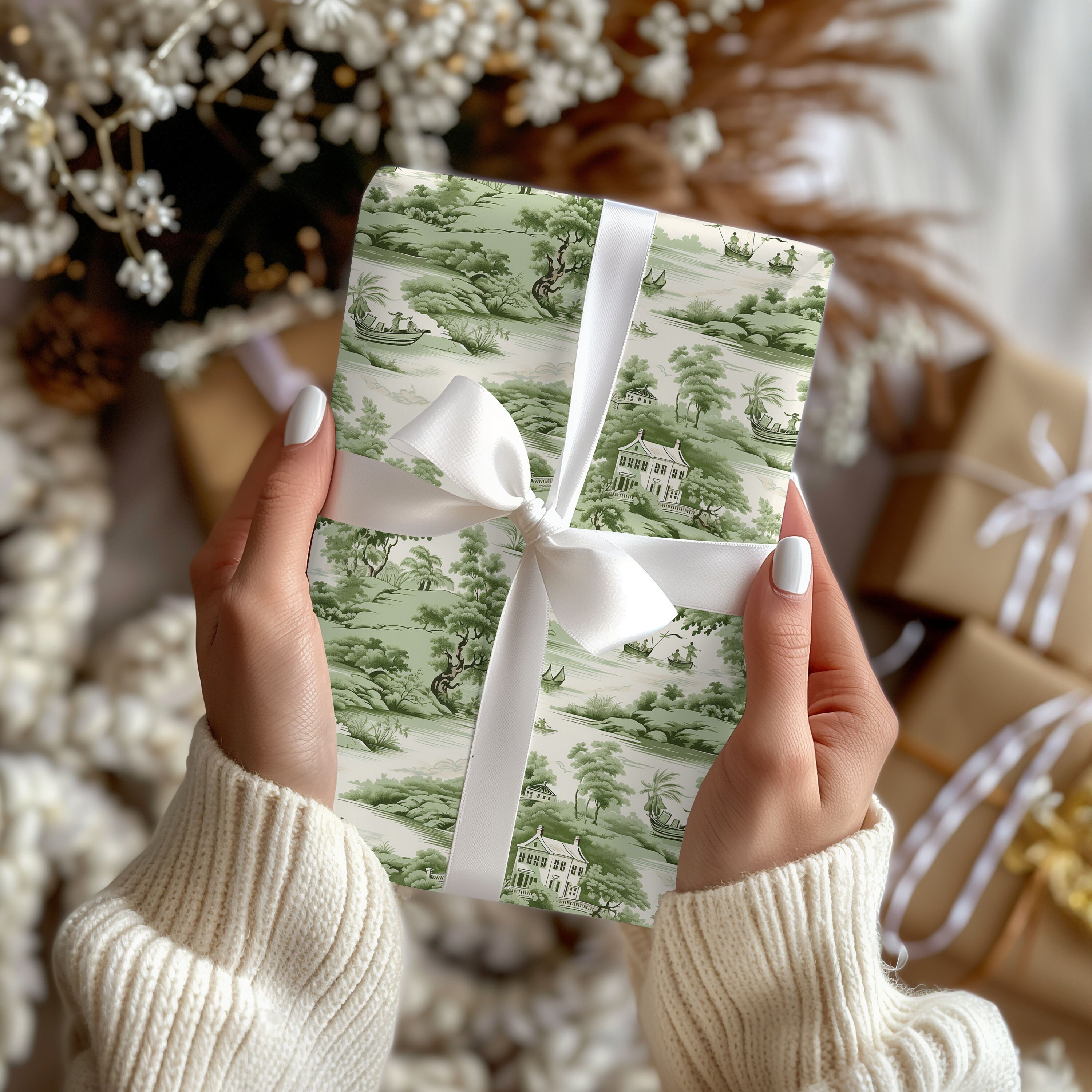 Green Toile Wrapping Paper, Chinoiserie Gift Wrap Roll, Birthday ...