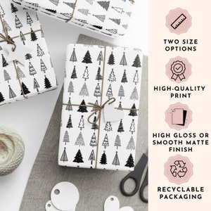 Black and White Christmas Trees Wrapping Paper, Minimalist Holiday Gift ...