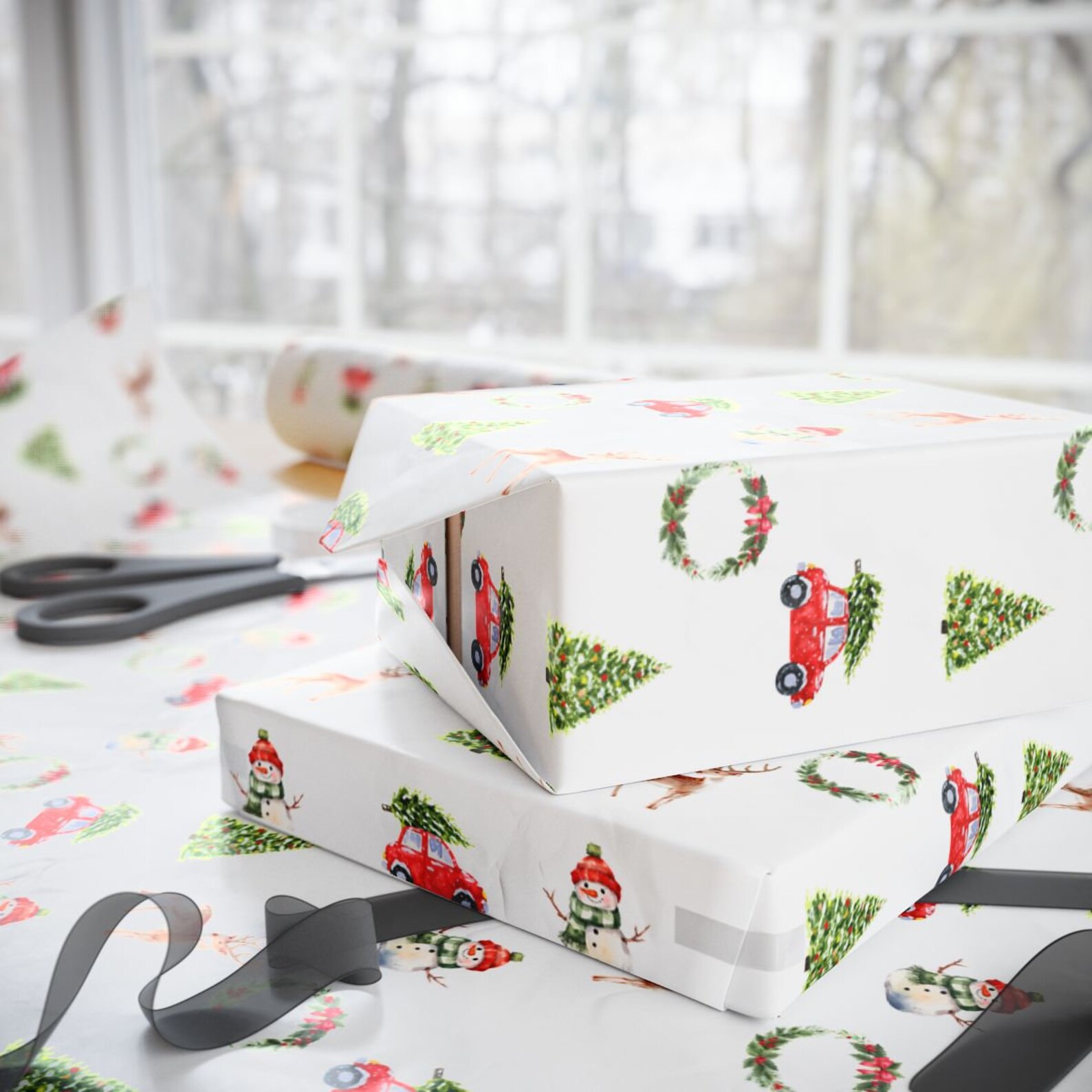 Christmas Wrapping Paper, Classic Holiday Gift Wrap, Christmas Wreaths ...