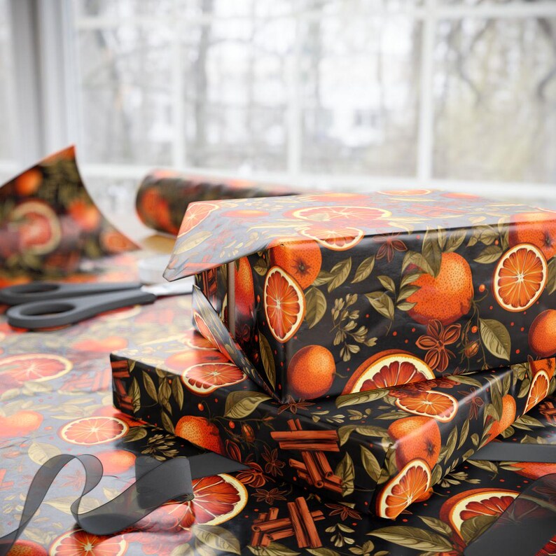 Citrus Winter Wrapping Paper, Christmas Gift Wrap, Oranges Wrapping ...