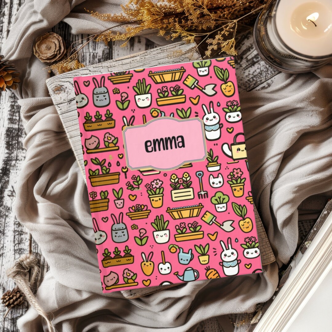 Custom Name Kawaii Notebook, Cute Garden Journal, Pink Hardcover ...