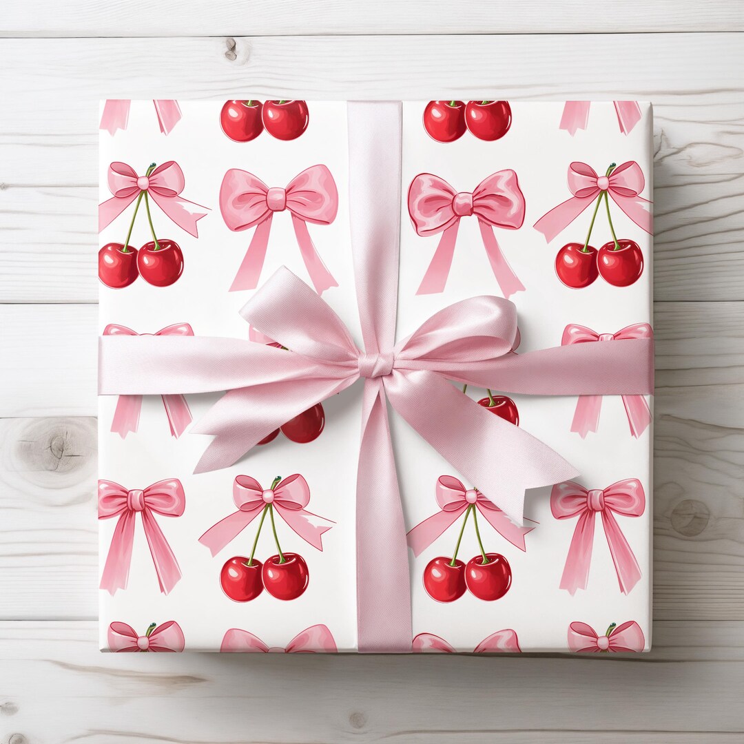 Cherries Coquette Gift Wrap, Pink Girly Wrapping Paper - Etsy