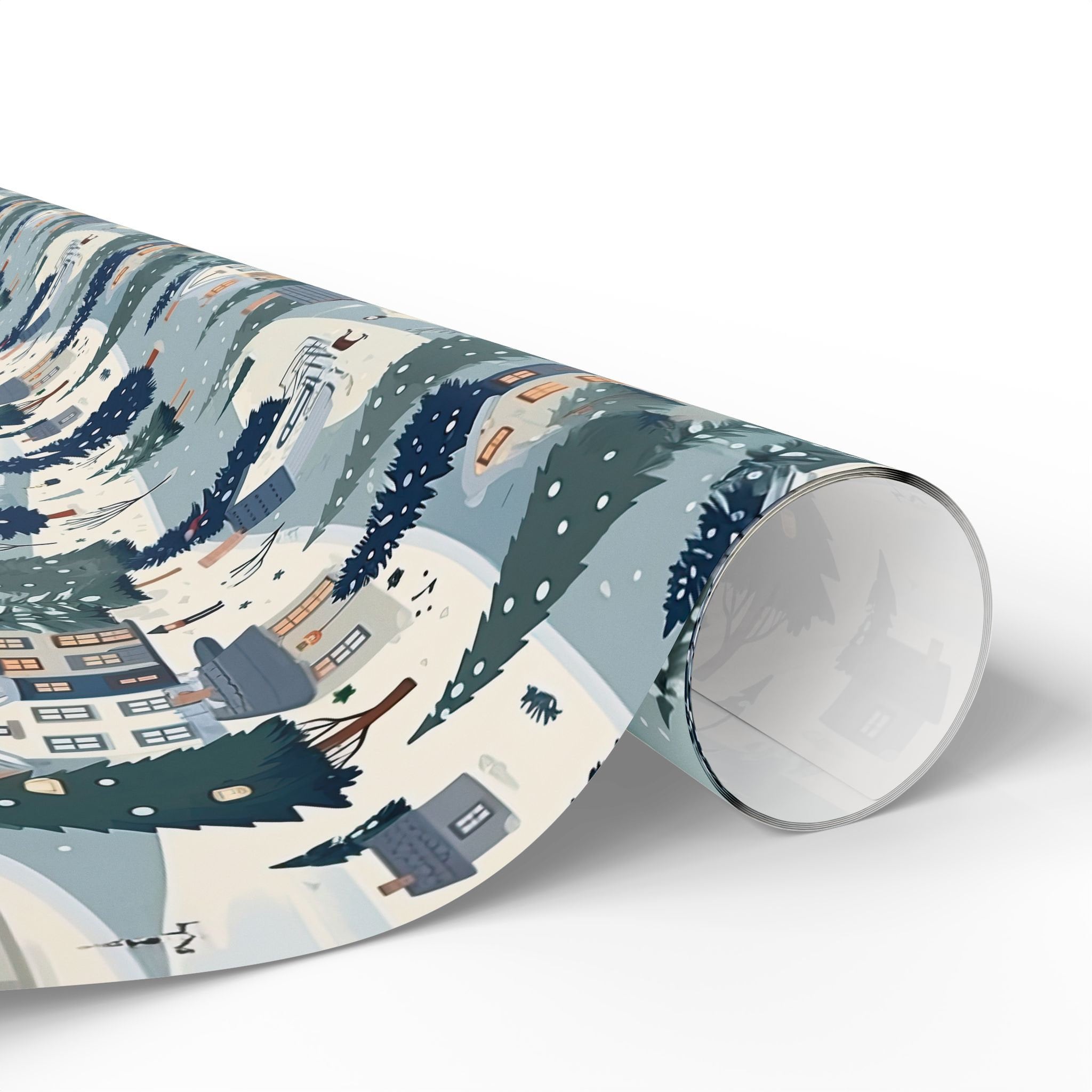 Winter Landscape Gift Wrapping Paper, Blue and White Houses Gift Wrap ...