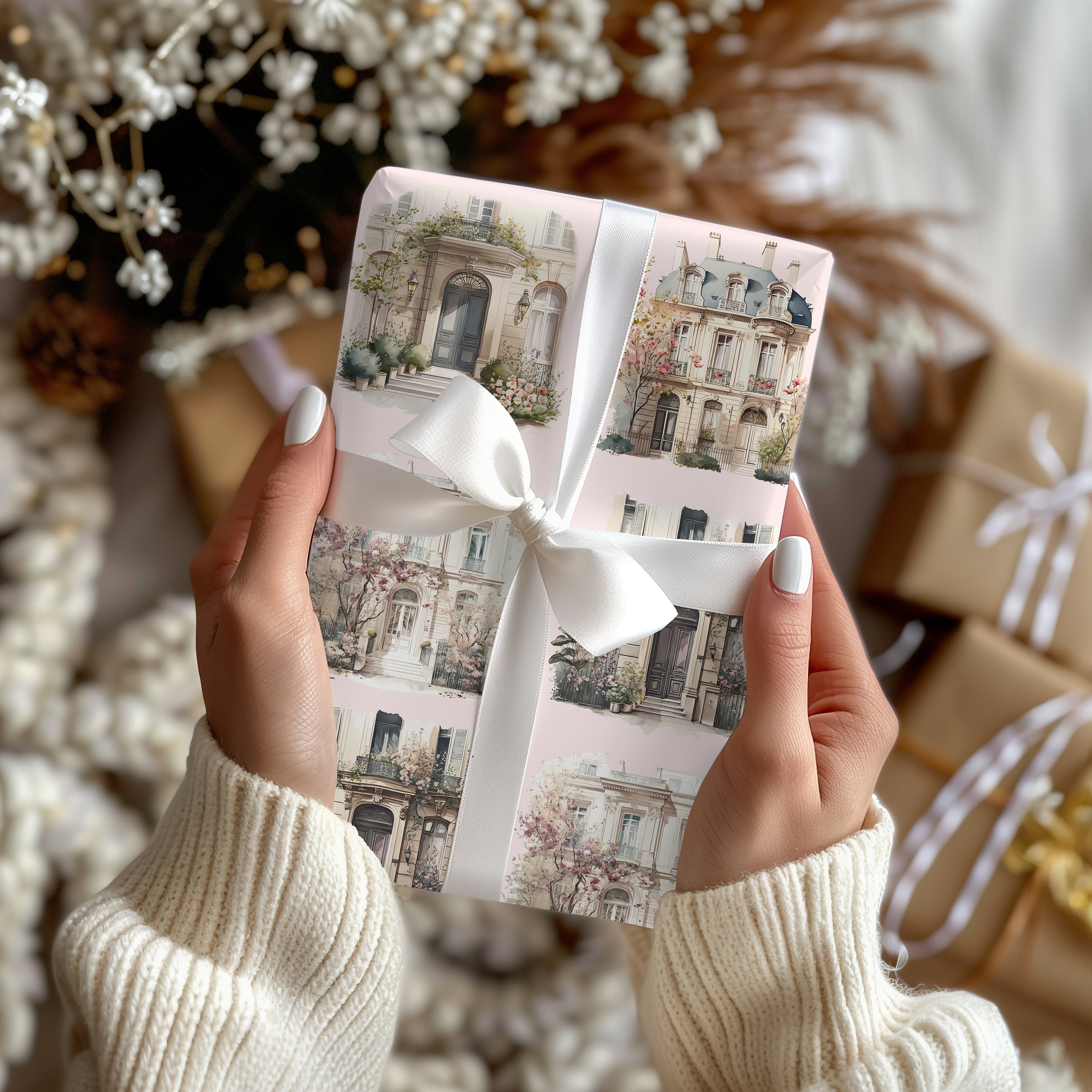 Paris Wrapping Paper, Pink Paris Houses Git Wrap Roll, Paris Birthday ...