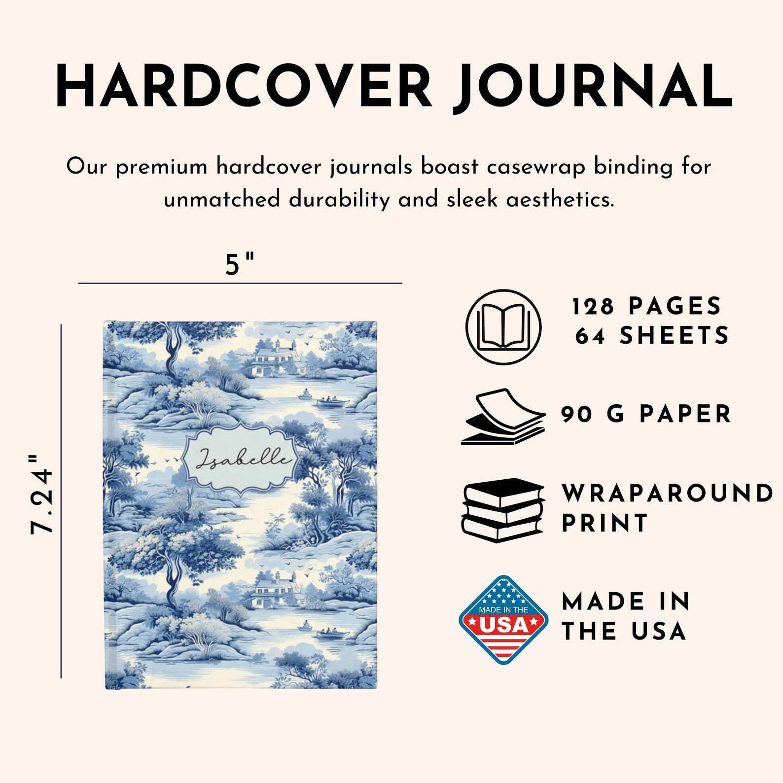 Custom Toile Pattern Journal Personalized Hardcover Notebook, Gift for ...