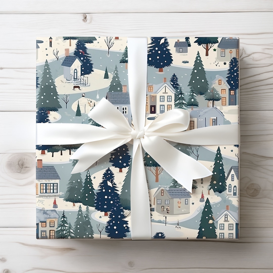Winter Landscape Gift Wrapping Paper, Blue and White Houses Gift Wrap ...