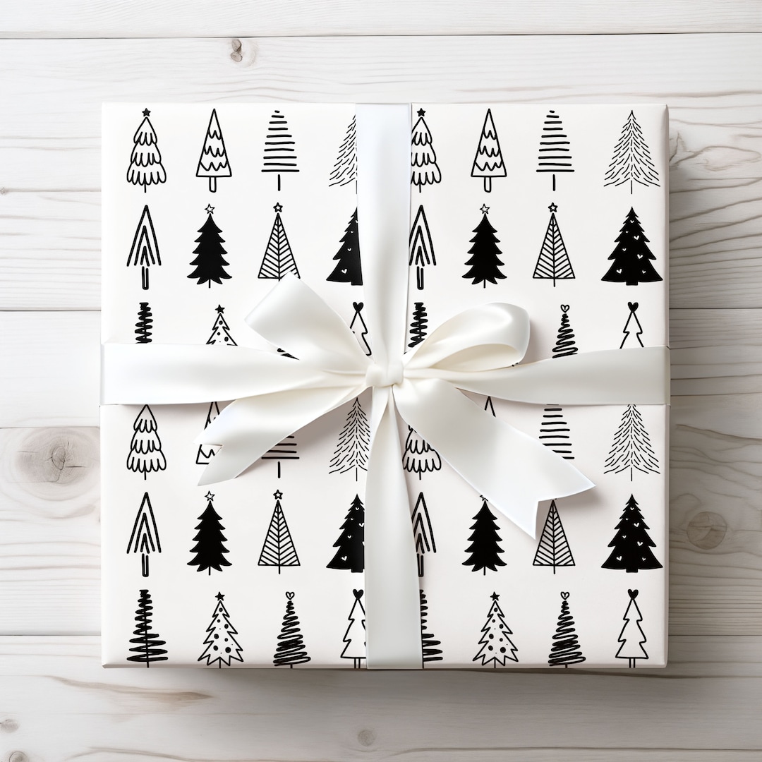 Black and White Christmas Trees Wrapping Paper, Minimalist Holiday Gift ...