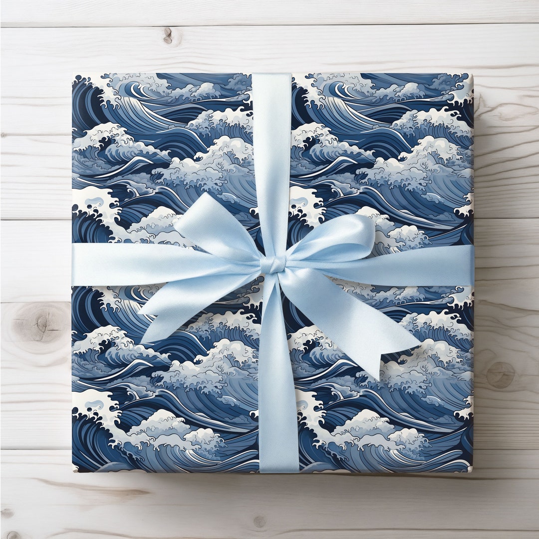 Blue Japanese Waves Gift Wrap, Great Wave Hokusai Wrapping Paper Roll ...
