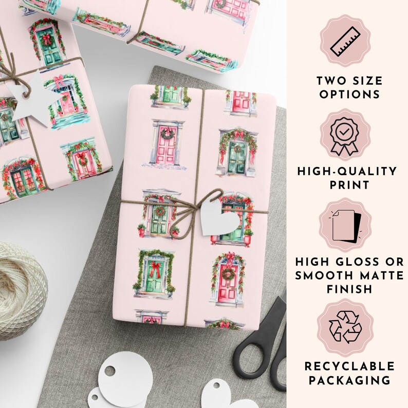 Pink Christmas Wrapping Paper, Christmas Doors Gift Wrap for Her ...