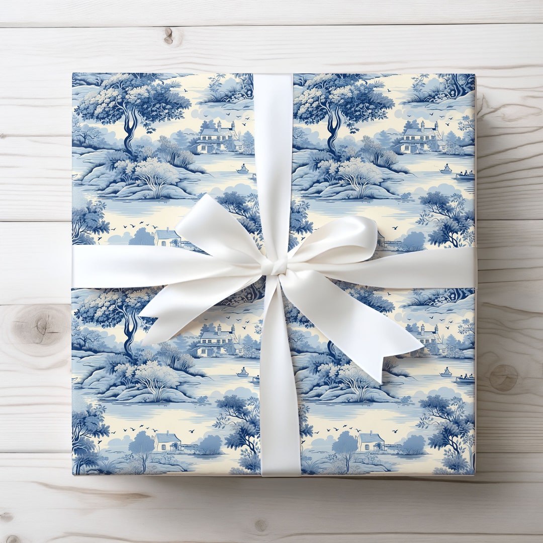 Blue Toile Wrapping Paper, Chinoiserie Gift Wrap Roll, Birthday ...