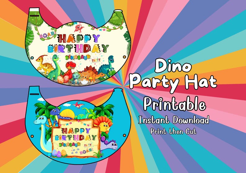 Party Hat Dino Birthday Printables, Dino Themed Party Printable, Party ...
