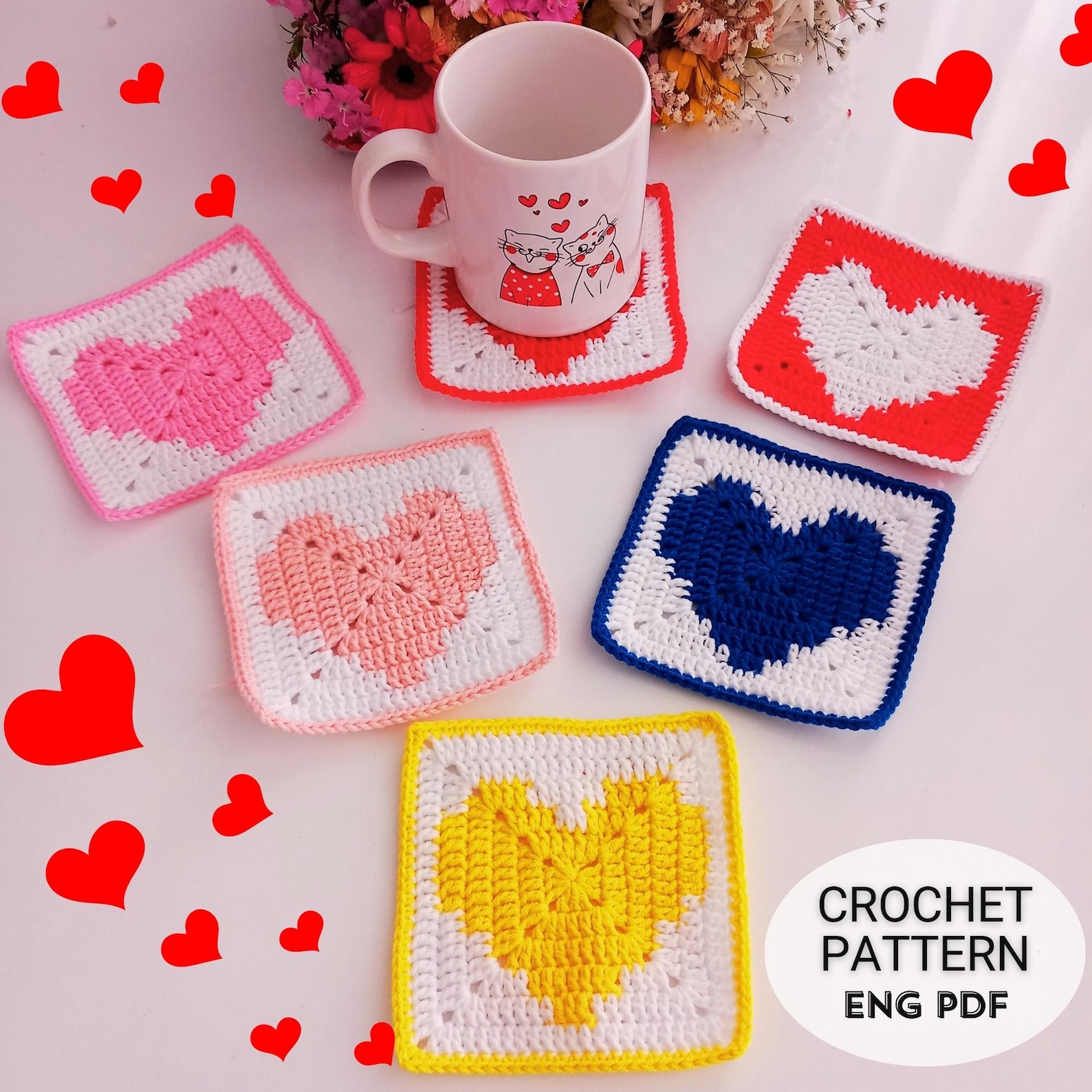 Heart Granny Square Crochet Pattern: Coaster, Blanket, Bag (PDF Digital ...
