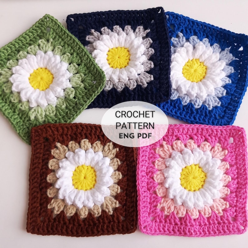 Crochet Daisy Granny Square Pattern: 3D Flower Motif (PDF Download) - Etsy