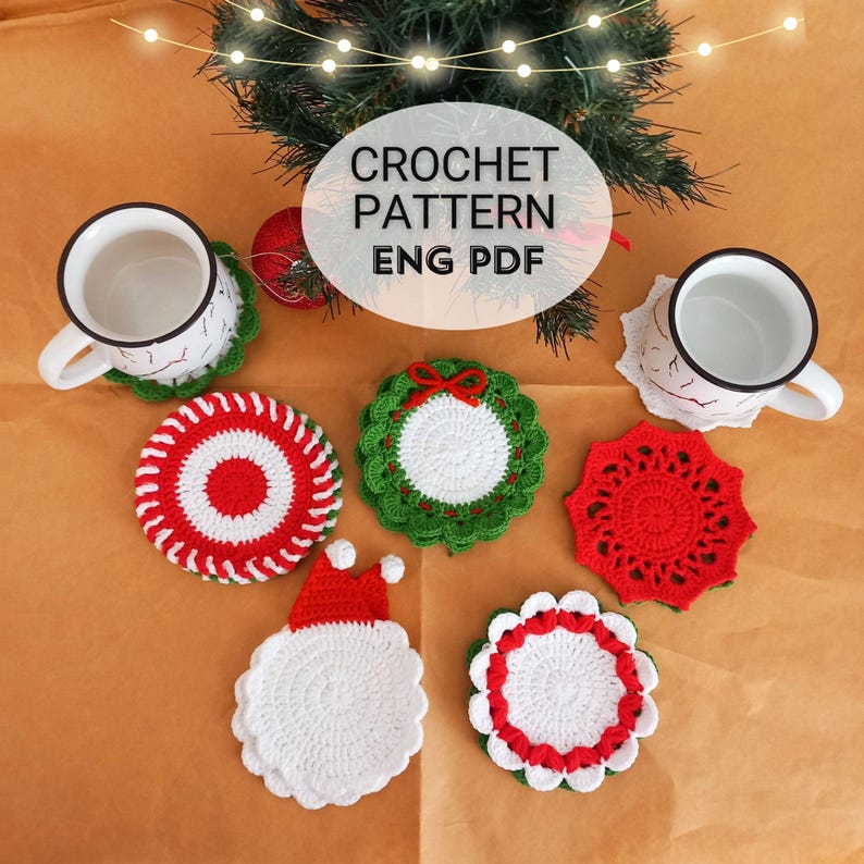Crochet Christmas Coasters Pattern: 5-in-1 DIY Set (PDF) - Etsy