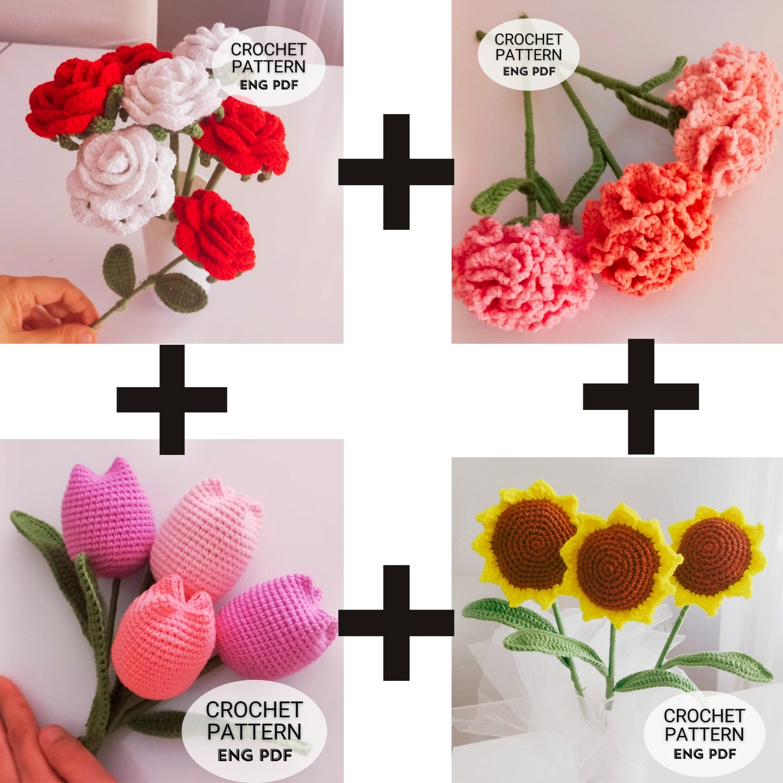 Crochet Flower Bouquet Pattern: Sunflower, Tulip, Rose, Carnation (PDF ...