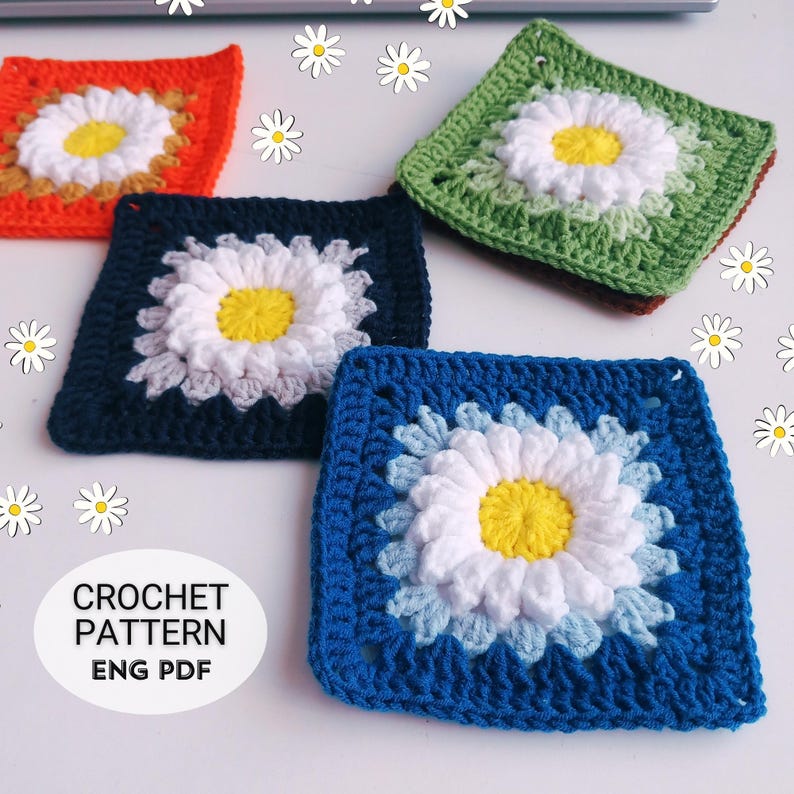 Crochet Daisy Granny Square Pattern: 3D Flower Motif (PDF Download) - Etsy