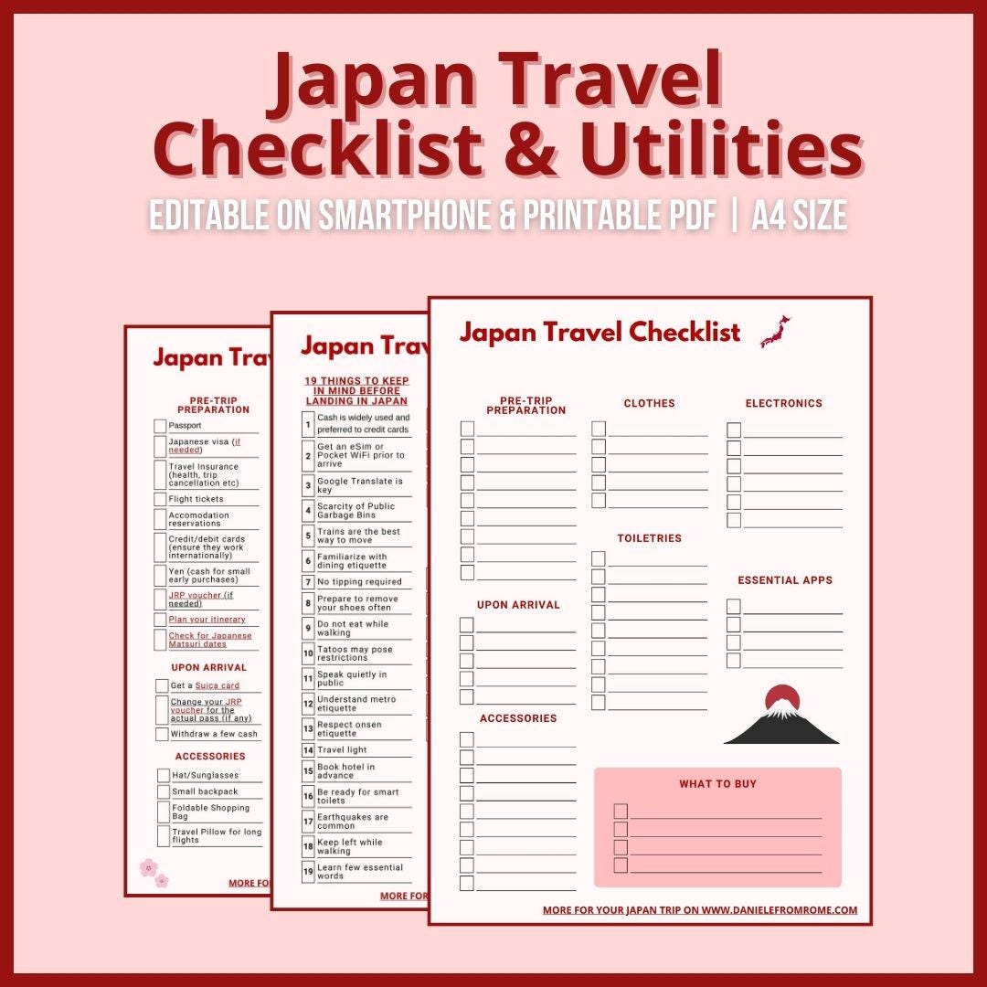 Editable Japan Travel Checklist & Utilities digital Use and Printable ...