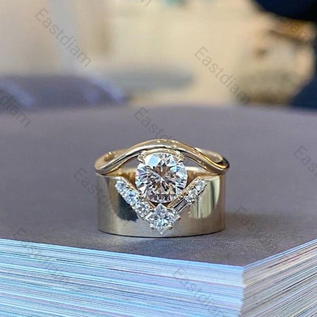 7mm Round Cut Eye Shape Ring, Elegant Bridal Wedding Set, With V Shape ...