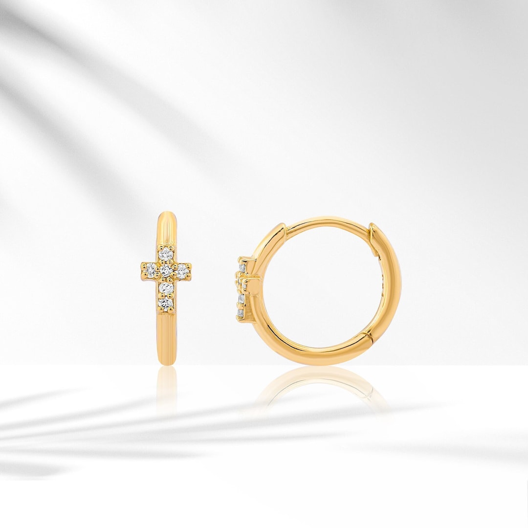 8k/14k/18k Solid Gold Diamond Cross Hoop Earrings, Dainty Hoops ...