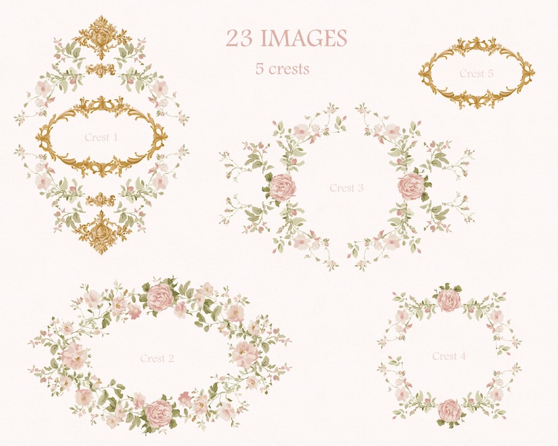 French Rococo Watercolor Clipart: Floral Wreaths, Vintage Botanical ...
