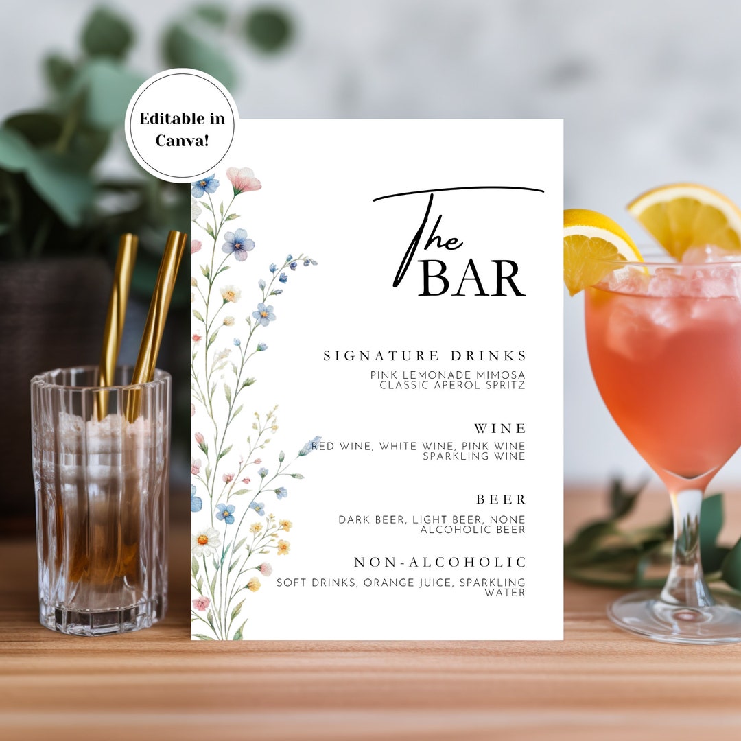Bar Menu Sign Editable Canva Template Customizable Wedding Cocktails ...