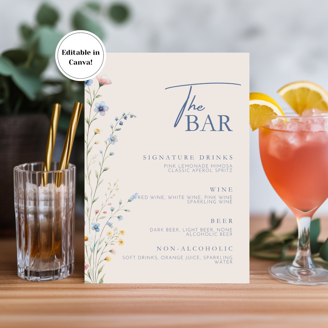 Floral Bar Menu Sign A5 Editable Canva Template Customizable Wedding ...