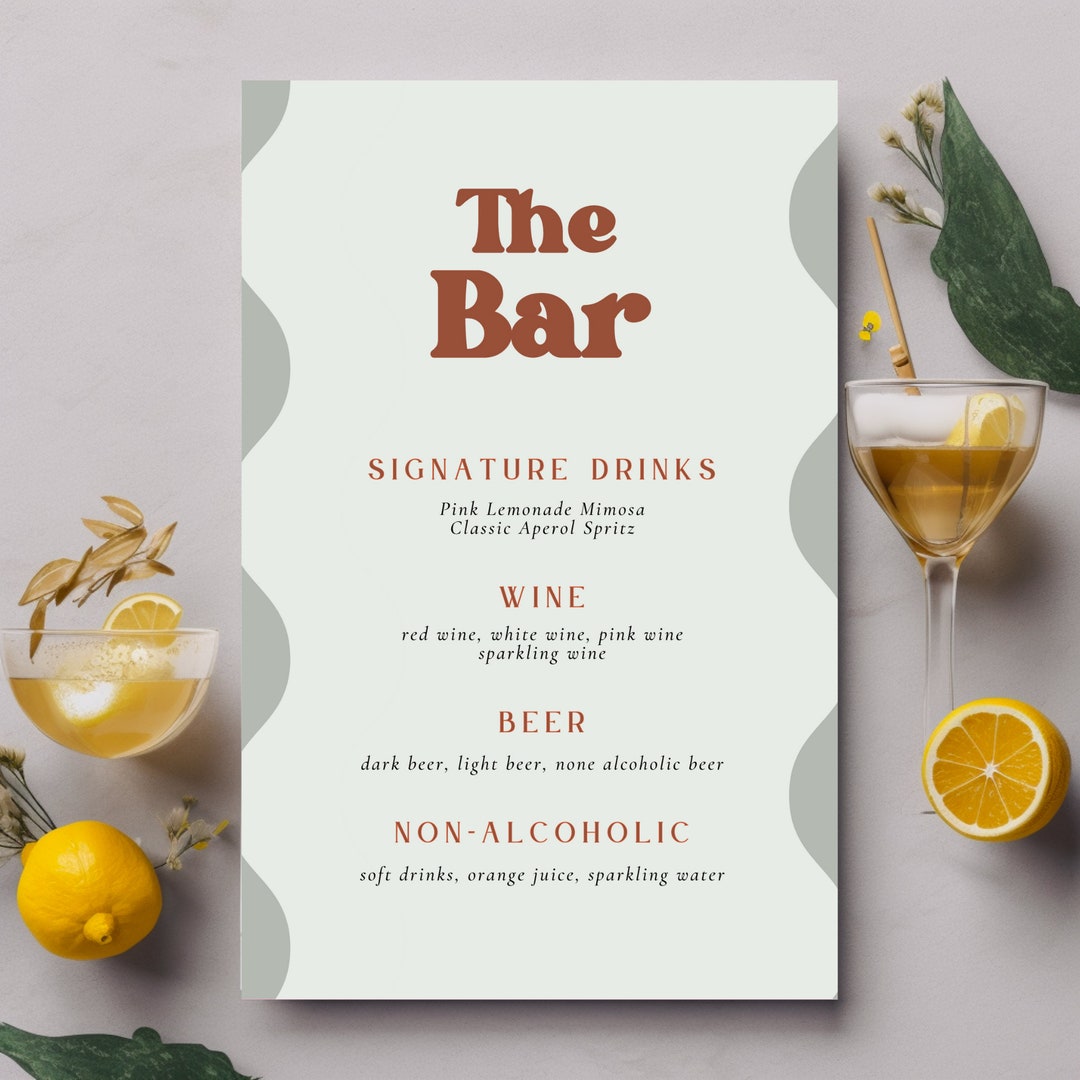 Modern Retro Wedding Bar Menu Sign Template Editable Instant Download ...