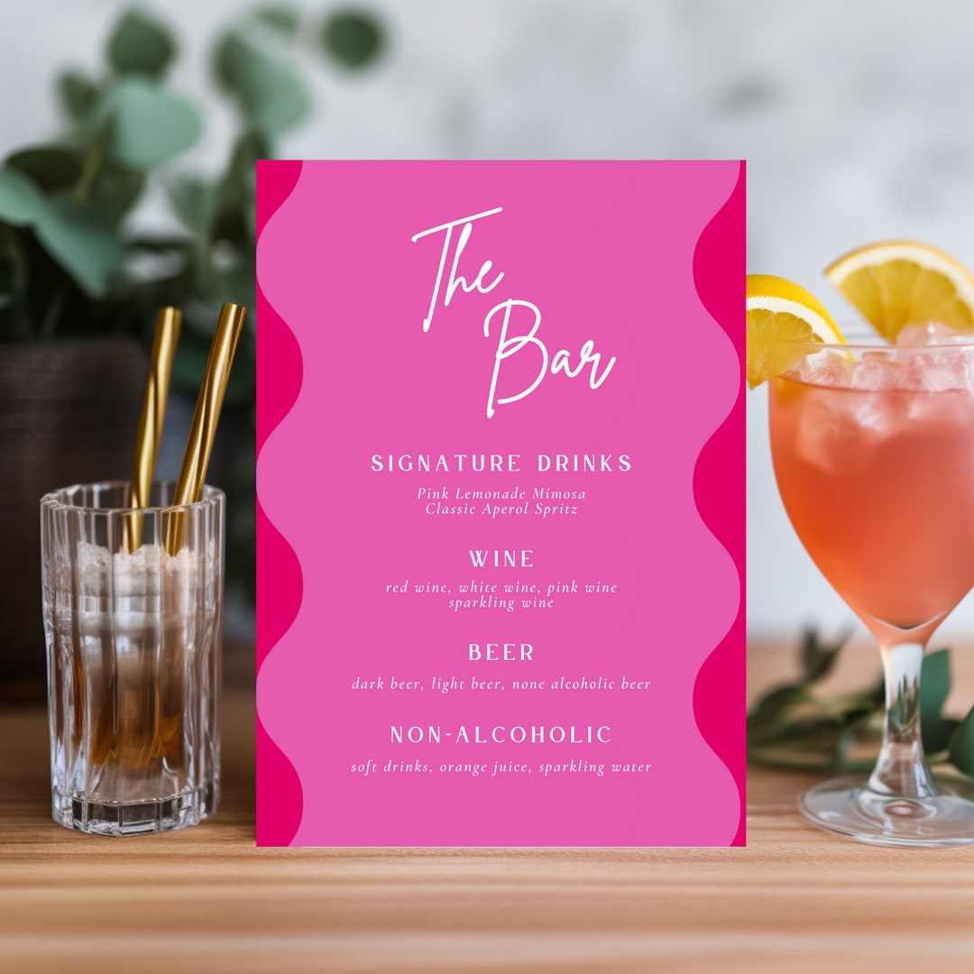 Wavy Wedding Bar Menu Sign Template Signature Drinks Editable Drinks ...