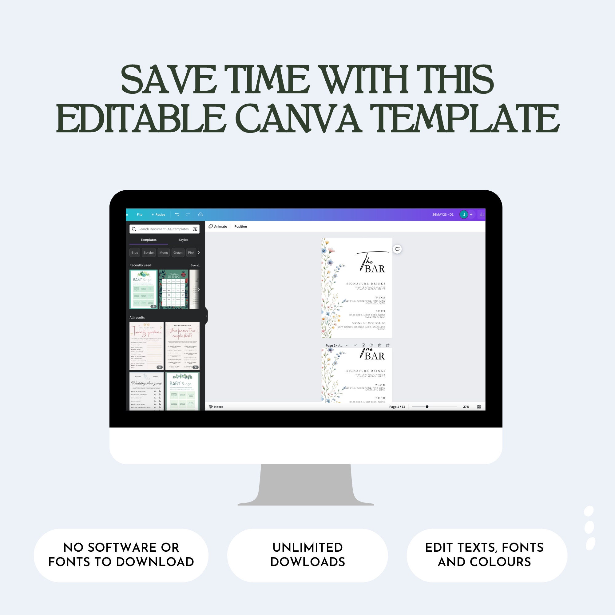Bar Menu Sign Editable Canva Template Customizable Wedding Cocktails ...