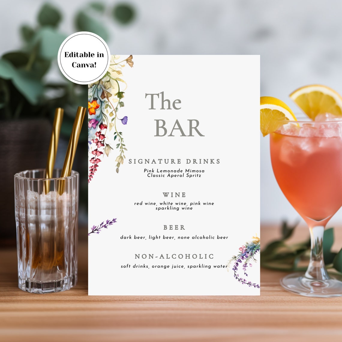 Floral Bar Menu Sign A5 Editable Canva Template Customizable Wedding ...