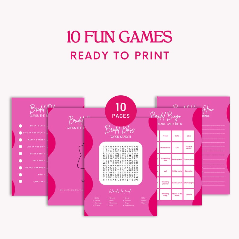 Printable Bridal Shower Games Pack Fun Bridal Party Activities Pink
