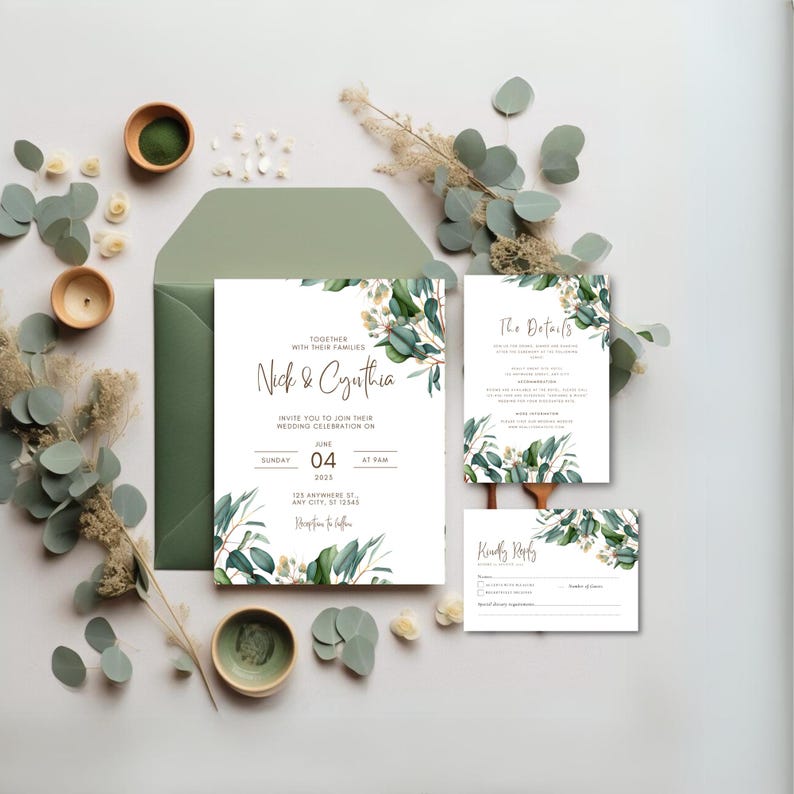 Editable Canva Ceremony Invitation Template, Greenery Event Wedding Set ...