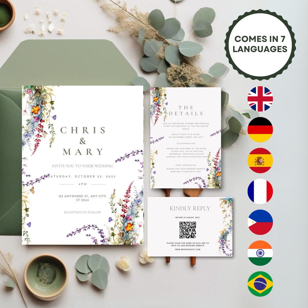 Editable Multilingual Wedding Invitation Template Set Canva | 7 ...