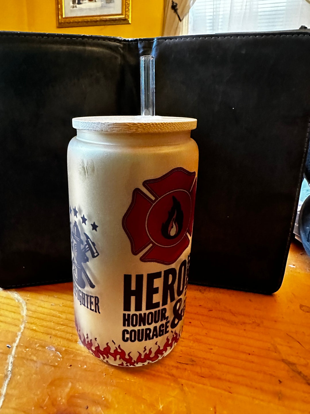 Firefighter Glass Tumbler With Bamboo Lid and Glass Straw for Hot or ...