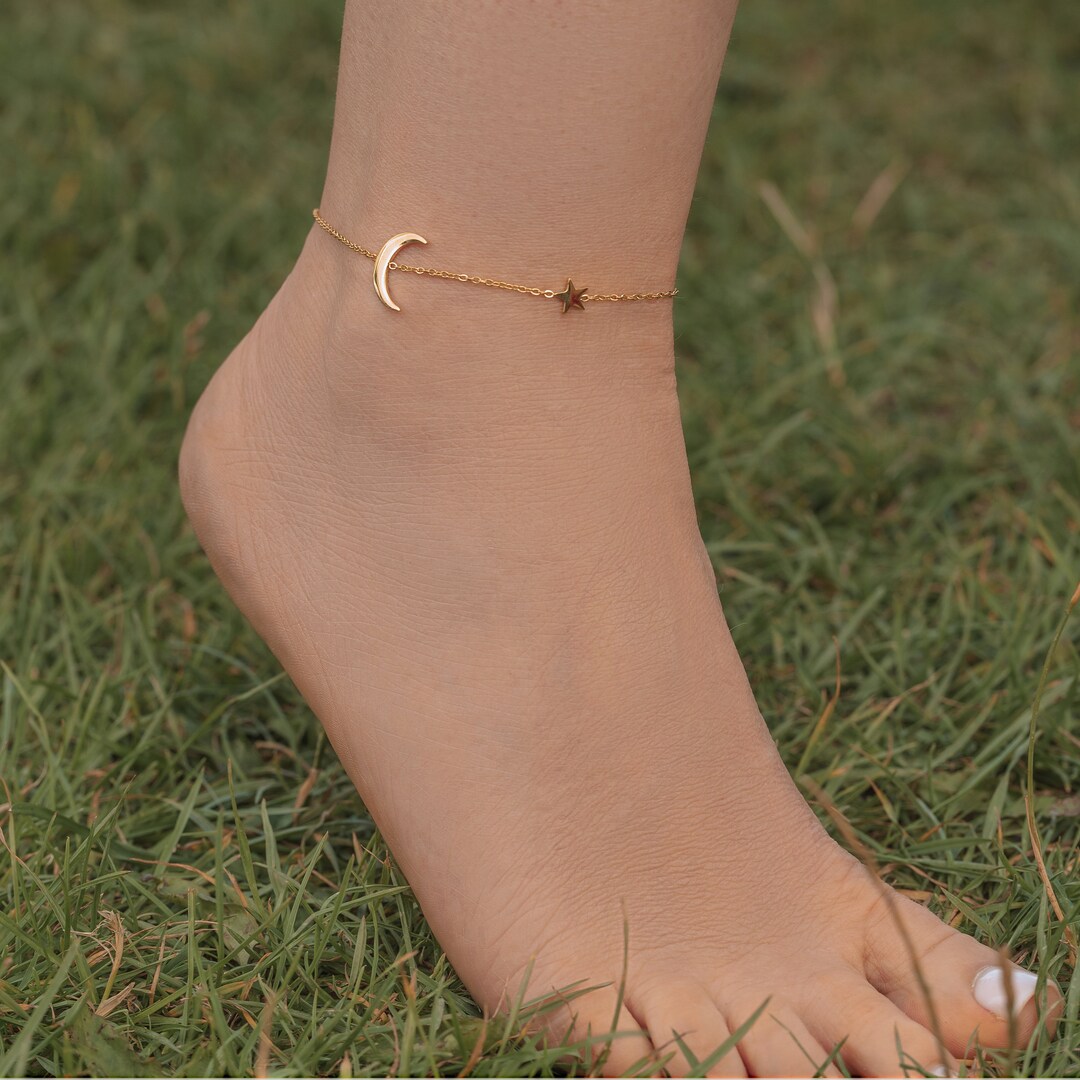 Moon Star Anklet • Gold Star Anklet • Crescent Anklet for Women • Star Charm Ankle Bracelet ...