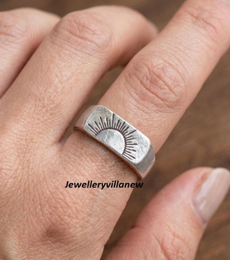 925 Sterling Silver Sun Engraved Ring, Vintage Unisex Band, Couple Gift ...