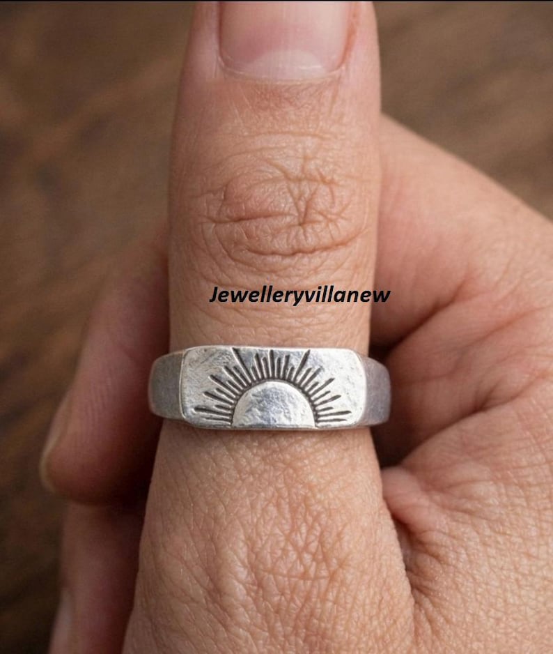 925 Sterling Silver Sun Engraved Ring, Vintage Unisex Band, Couple Gift ...