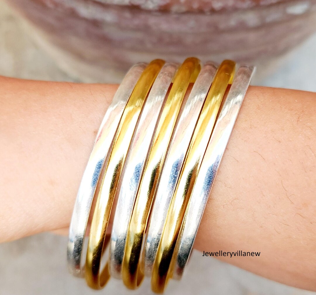 7 Bangle Silver & Gold Plated of 1 Set, 925 Sterling Silver, Handmade ...