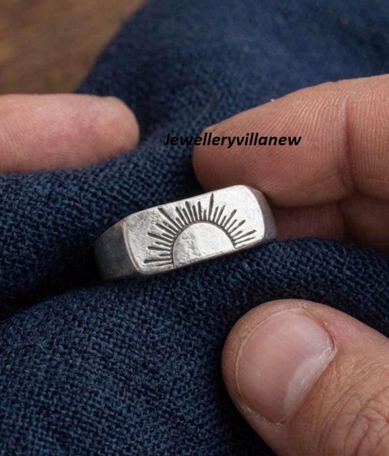 925 Sterling Silver Sun Engraved Ring, Vintage Unisex Band, Couple Gift ...