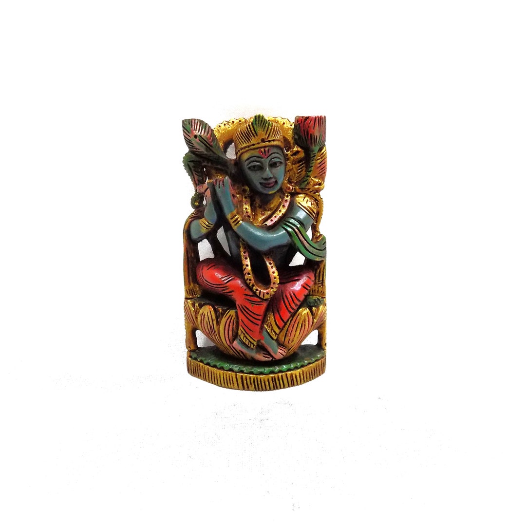 Krishna Statue Wood, Hand Carved Wooden Krishna Figurine, Wooden ...