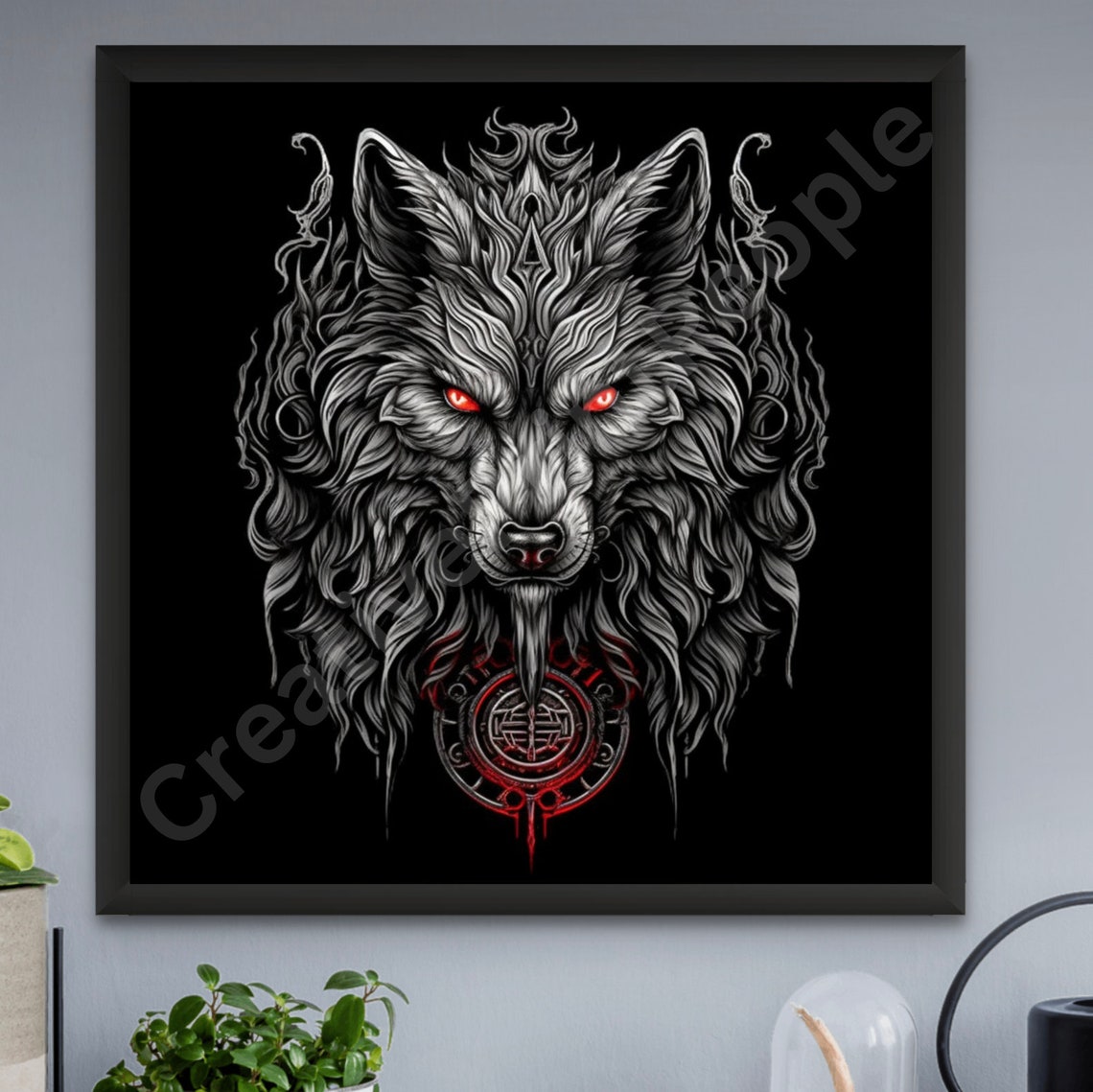 Gothic Wolf Art, Red Eye Wolf Artwork, Printable Wolf Art, Wolf ...