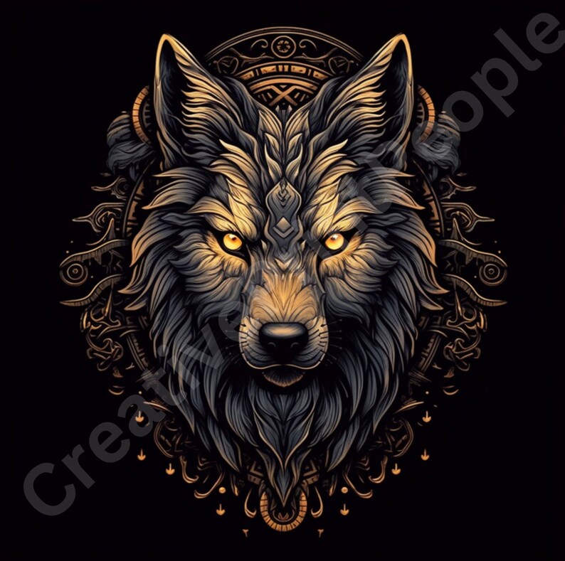 Gothic Golden Wolf Art, Wolf Artwork, Printable Wolf Art, Wolf Portrait ...