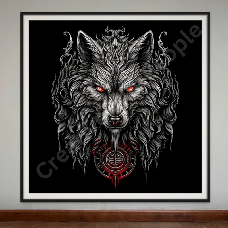 Gothic Wolf Art, Red Eye Wolf Artwork, Printable Wolf Art, Wolf ...
