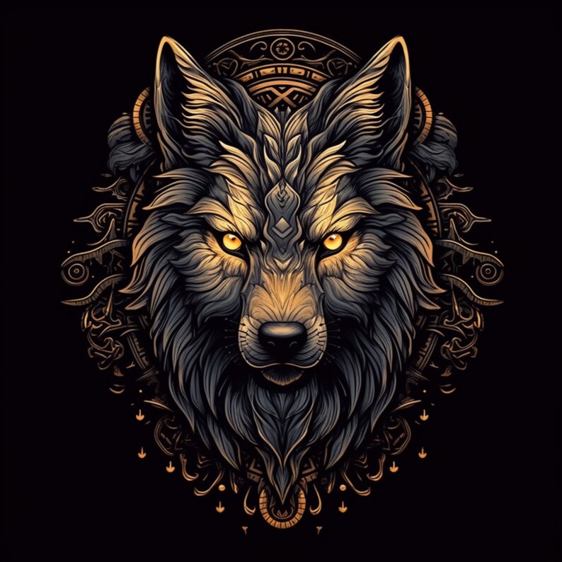 Gothic Golden Wolf Art, Wolf Artwork, Printable Wolf Art, Wolf Portrait ...