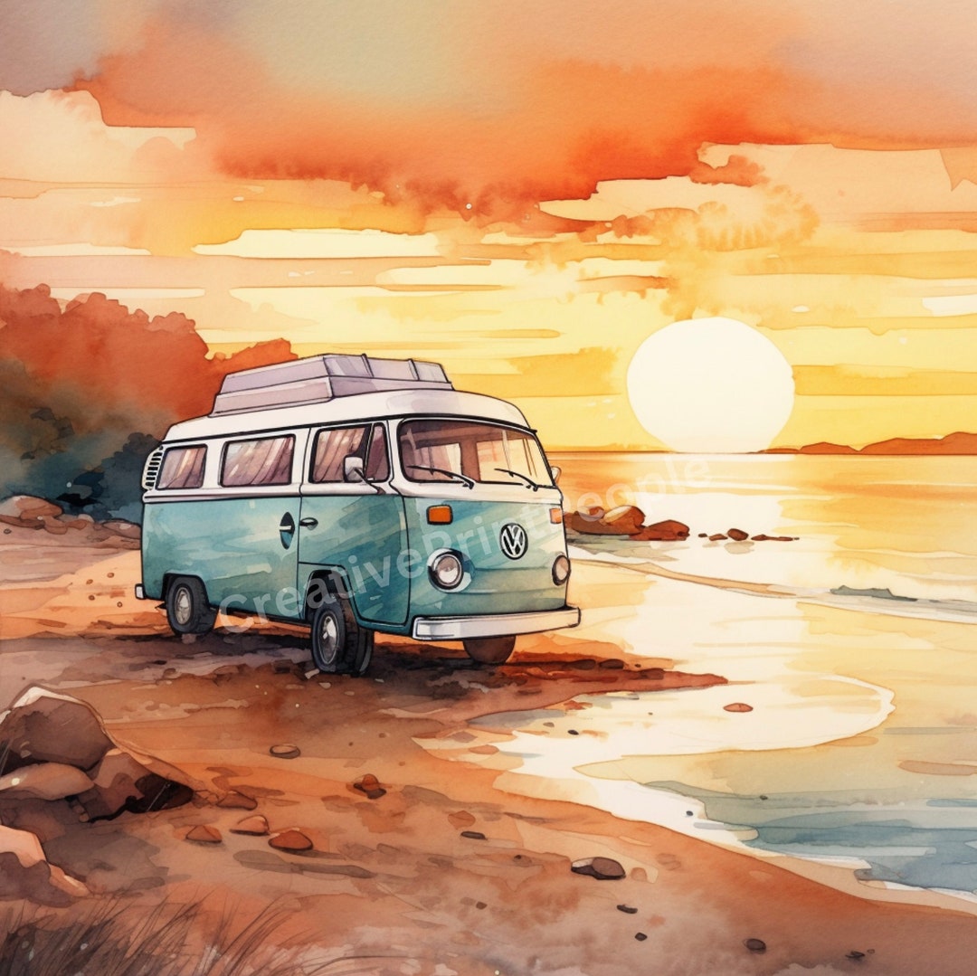 Campervan Art Campervan Beach Artwork Sunset Campervan - Etsy