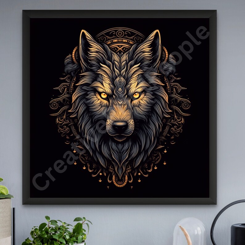 Gothic Golden Wolf Art, Wolf Artwork, Printable Wolf Art, Wolf Portrait ...