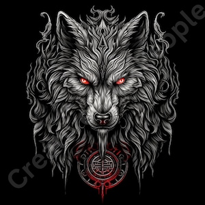 Gothic Wolf Art, Red Eye Wolf Artwork, Printable Wolf Art, Wolf ...