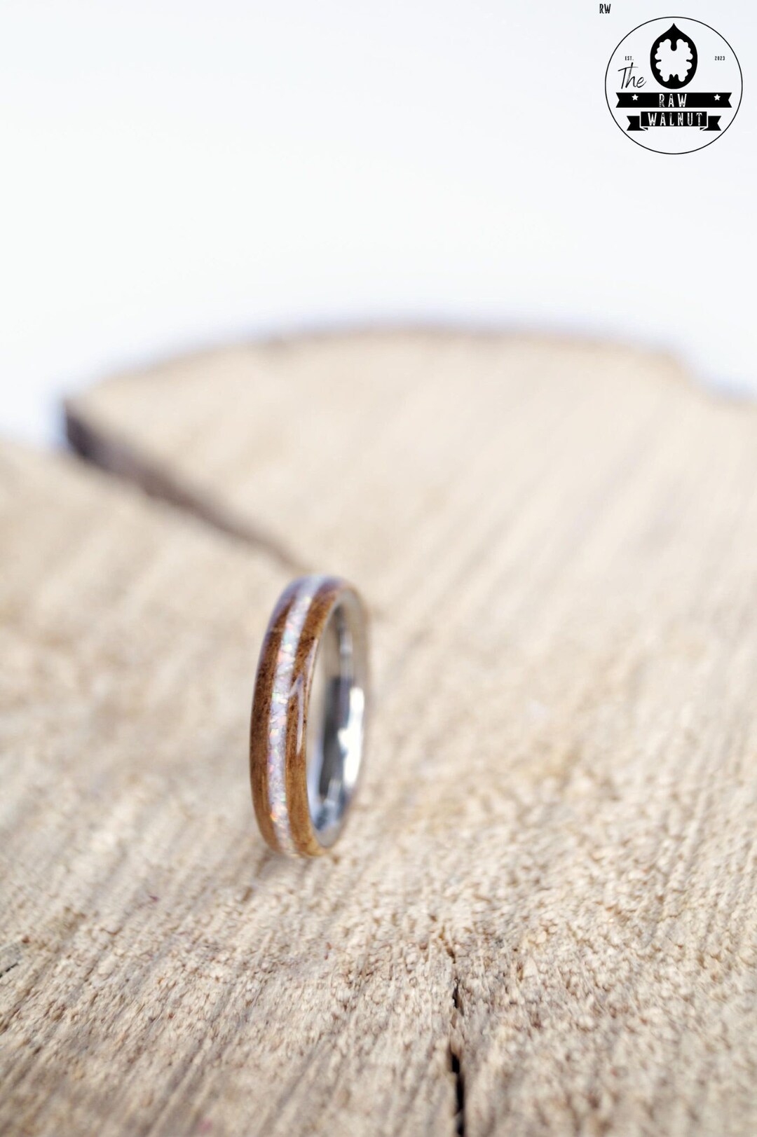 Boundless Titanium Ring With Oak Wood and White Opal Inlay. 4 Mm in Width and Various Sizes ...