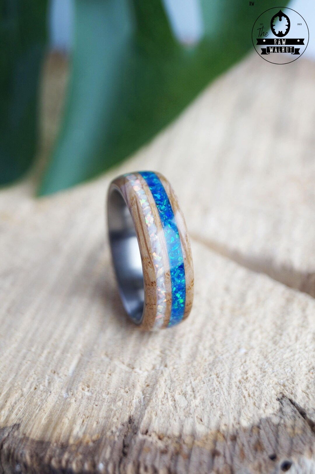 Boundless Titanium Ring With Oak Wood and Double Opal Inlay / 8mm in Width and Various Sizes ...